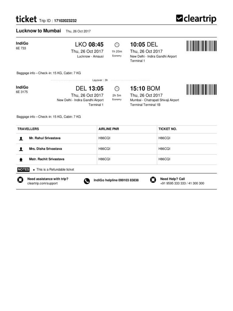 Cleartrip Flight Domestic E-Ticket | PDF | Aviation | Transport