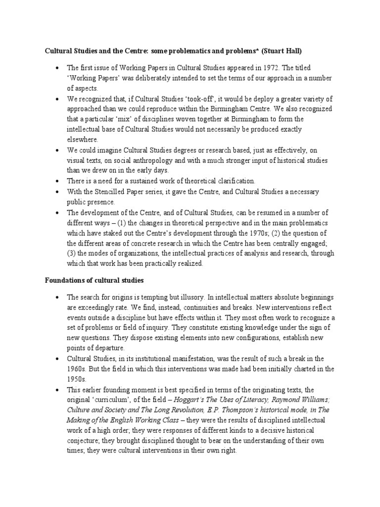 Cultural Studies and The Centre: Some Problematics and Problems (Stuart ...