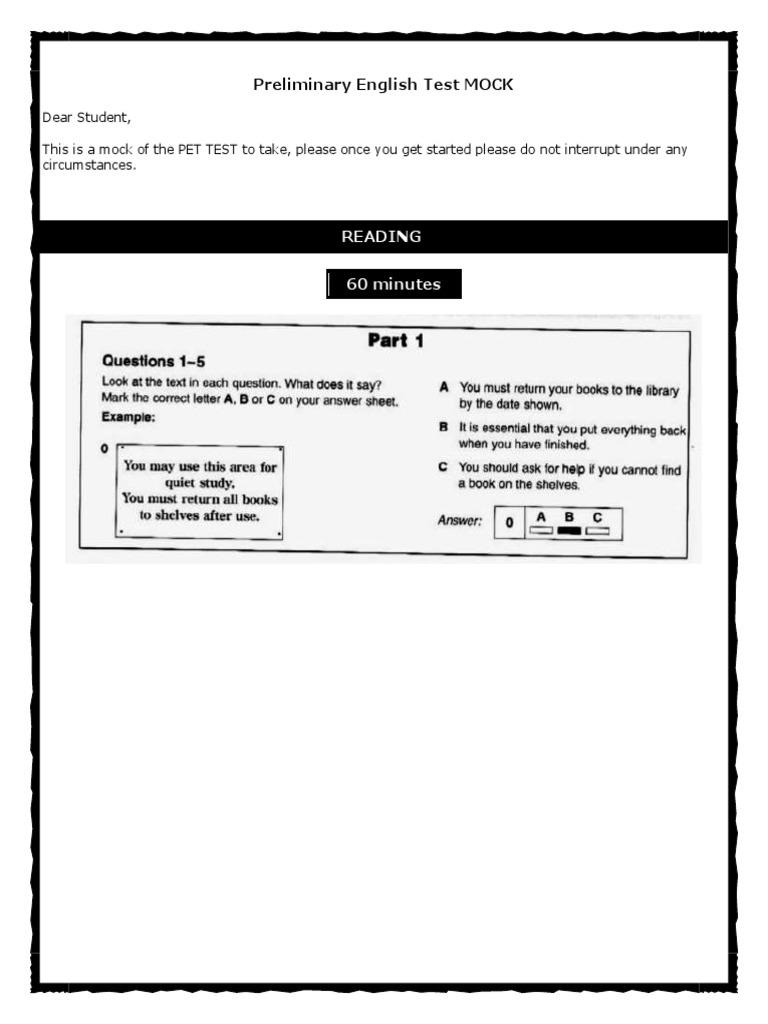 Preliminary English Test MOCK: Reading 60 Minutes | PDF
