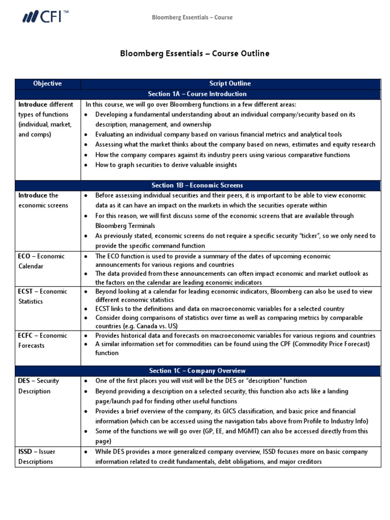 Bloomberg Essentials - Course Outline | PDF | Financial Analyst ...