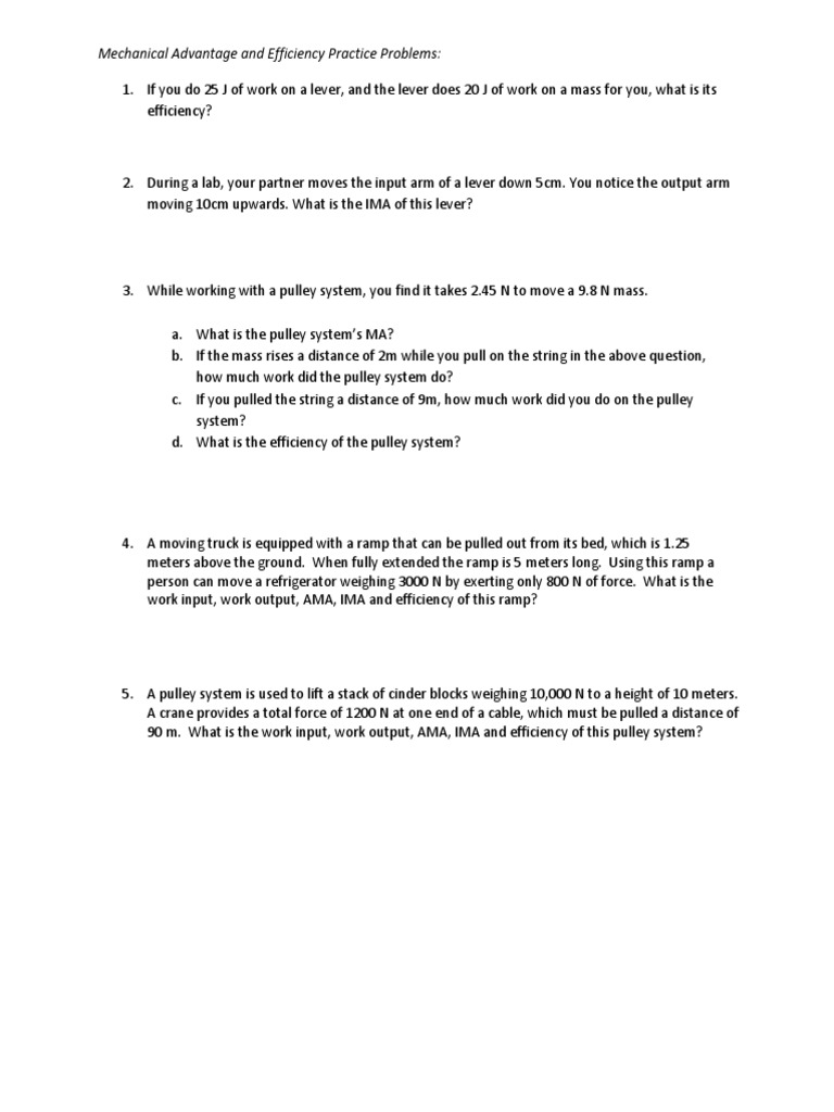 Mechanical Advantage and Efficiency Practice Problems | PDF