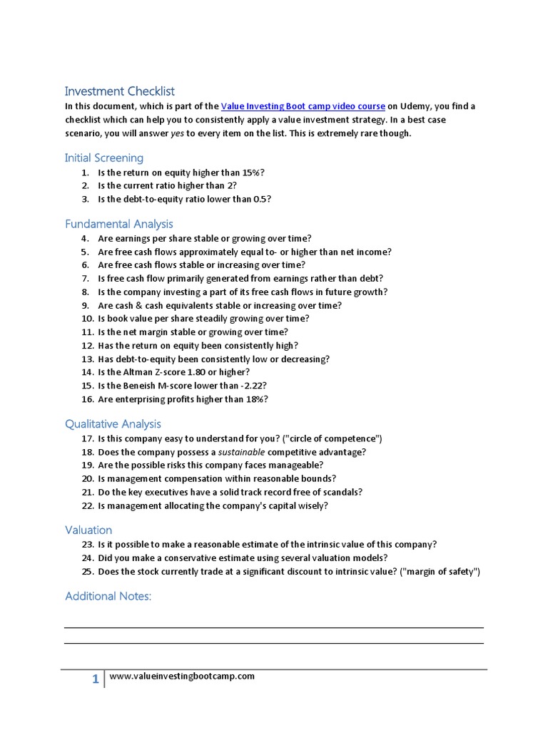 2014-06-19 05-10-09 Investment Checklist PDF | PDF