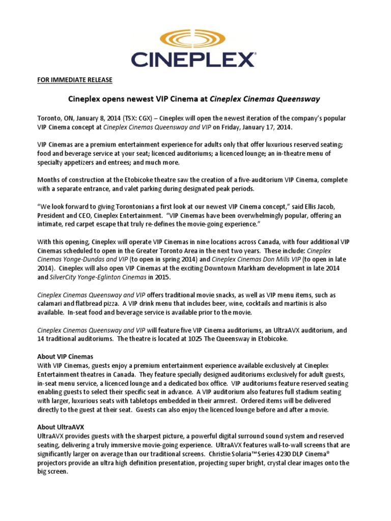 Cineplex Opens Newest VIP Cinema at Cineplex Cinemas Queensway | PDF ...