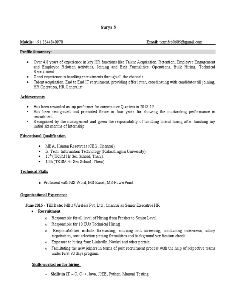 Surya S - Resume | PDF | Recruitment | Performance Appraisal