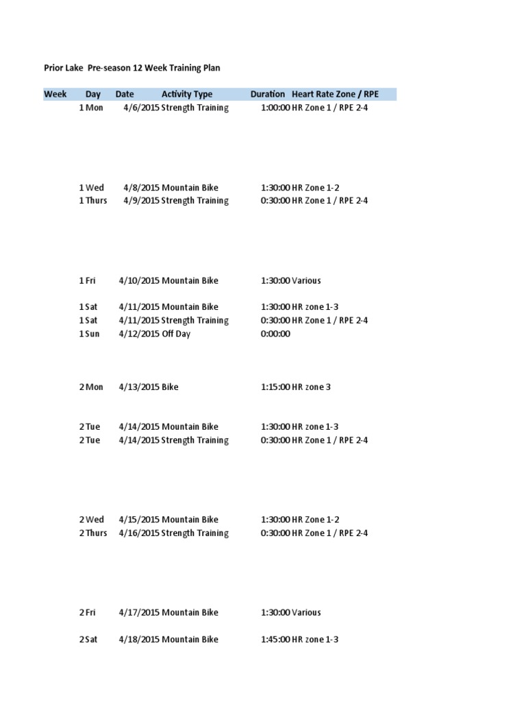 Prior Lake Pre-Season 12 Week Training Plan Week Day Date Activity Type ...