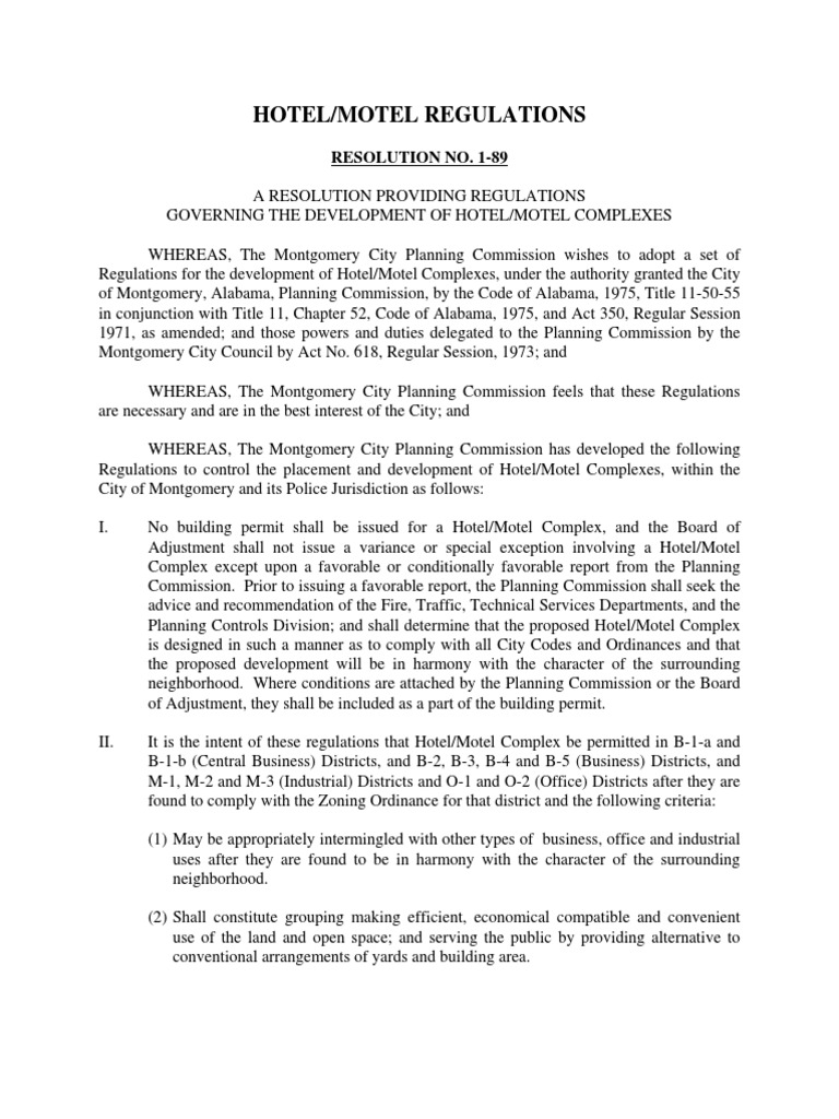 Hotel/Motel Regulations: Resolution No. 1-89 | PDF | Zoning | Building Code