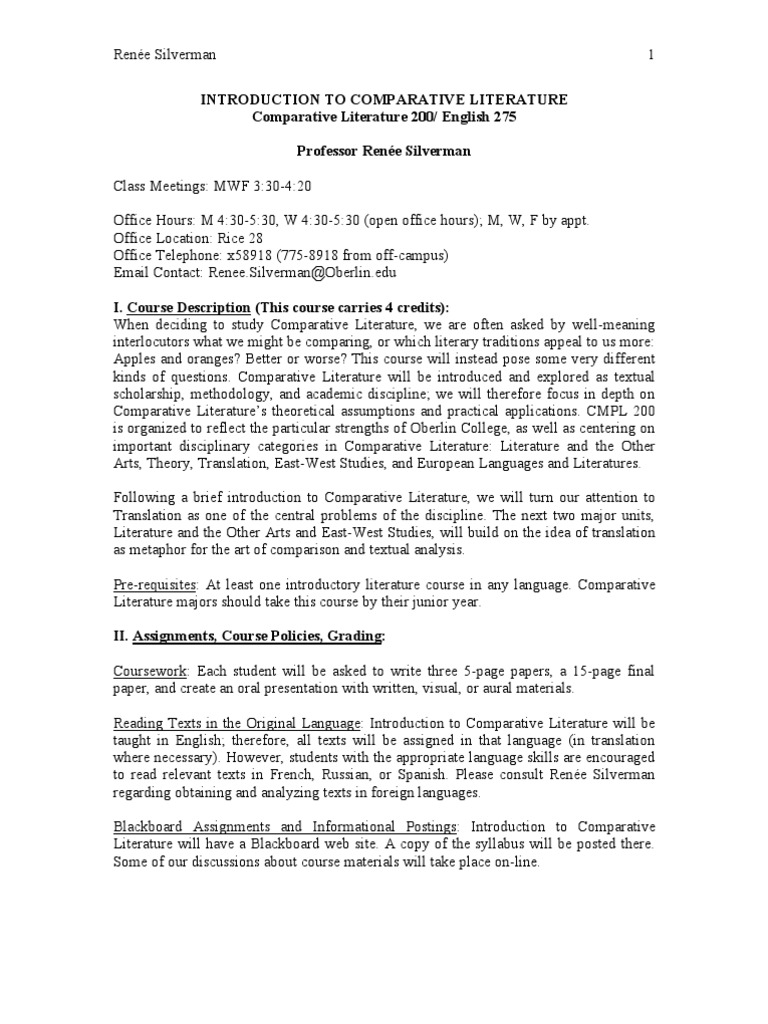 Comparative Literature Course Overview | PDF | Translations | Essays