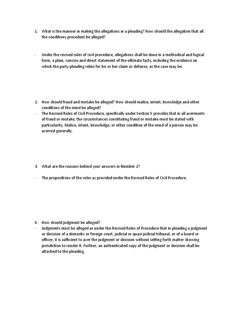 Allegations in A Pleading Answer Key | PDF | Pleading | Demurrer