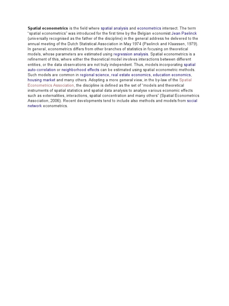 Spatial Analysis Econometrics Jean Paelinck | PDF