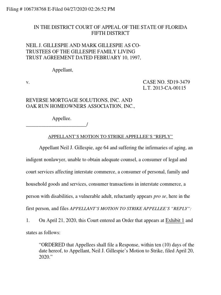 Appellant's Motion To Strike Appellee's Reply, Case No 5D19-3479 ... Appellant's Motion To Strike Appellee's Reply, Case No 5D19-3479 ...