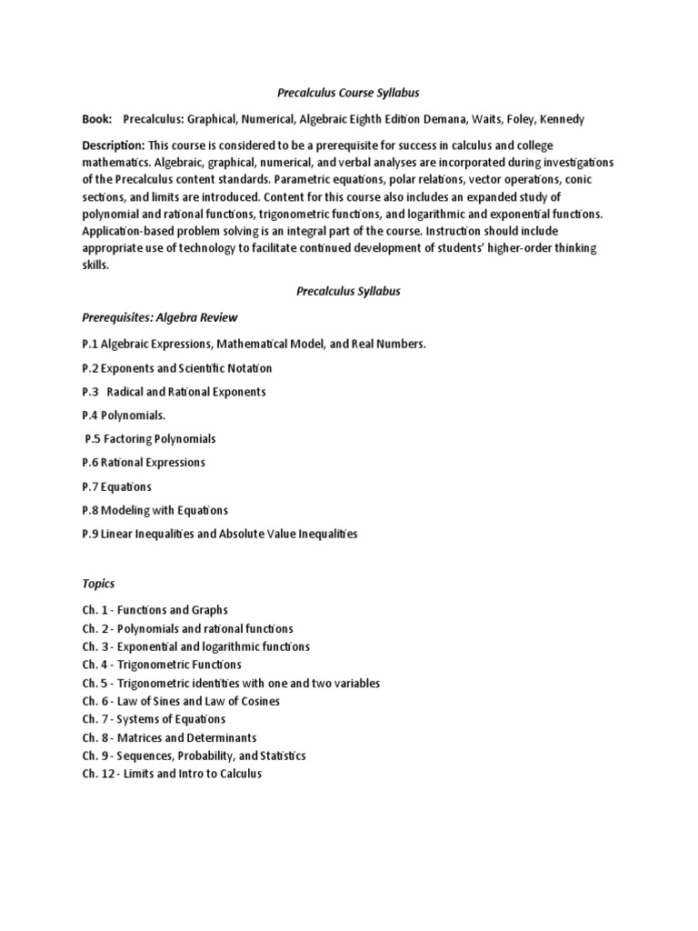 Pre-Calculus Syllabus For Tutorial | PDF