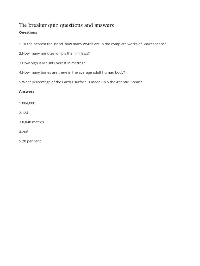 Tie Breaker Quiz Questions and Answers | PDF