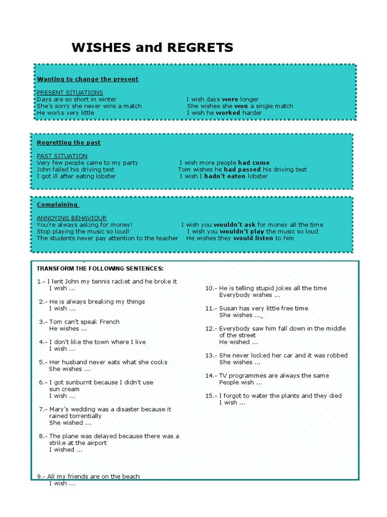Wishes and Regrets Exercises | PDF