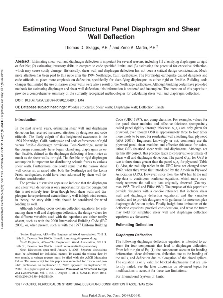 Estimating Wood Structural Panel Diaphragm and Shear Wall Deflection ...