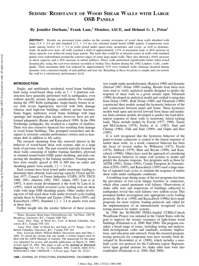 Seismic Resistance of Wood Shear Walls With Large Osb Panels | Download ...