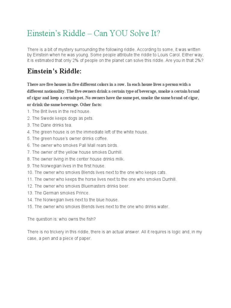 Einstein's Riddle - Can YOU Solve It? | PDF
