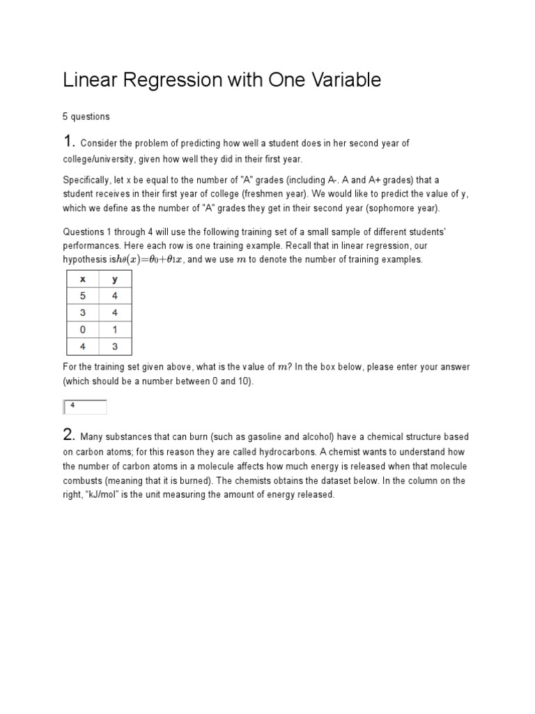Linear Regression With One Variable Quiz | PDF | Regression Analysis ...