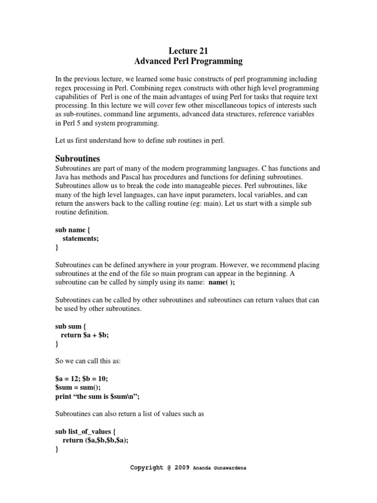 Lecture21 Adv Perl Programming Pdf Subroutine Parameter Computer Programming