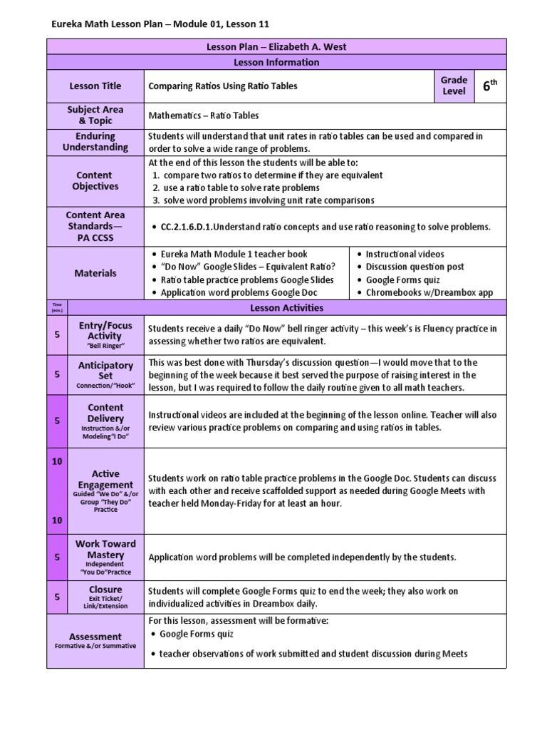 West Lesson Plan-Eurekam01l11tables | PDF | Lesson Plan | Educational ...