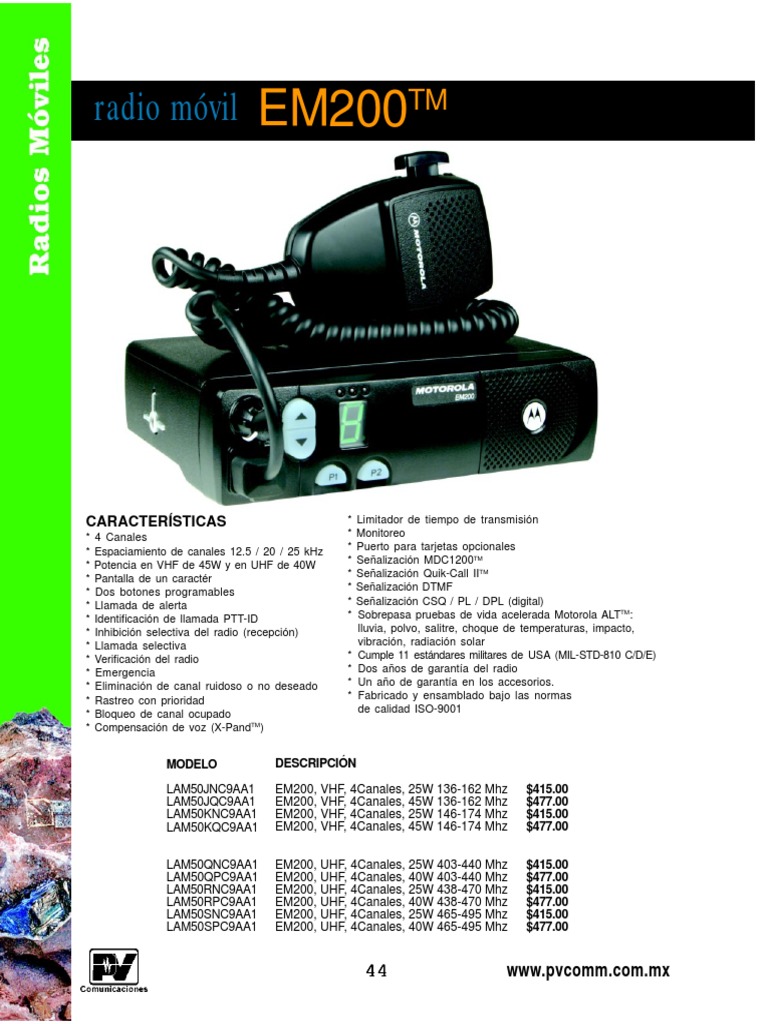 Características del Radio Motorola EM200 | PDF | Frecuencia ultra alta ...