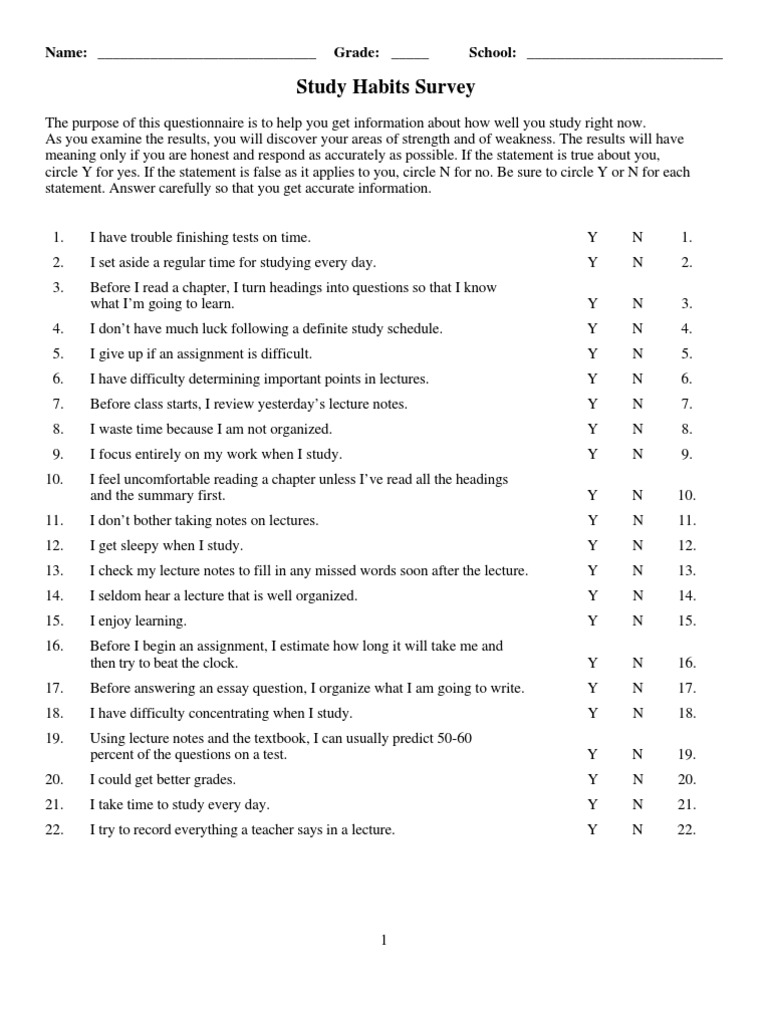 Study Habits Survey: Name: - Grade: - School | PDF | Applied Psychology ...