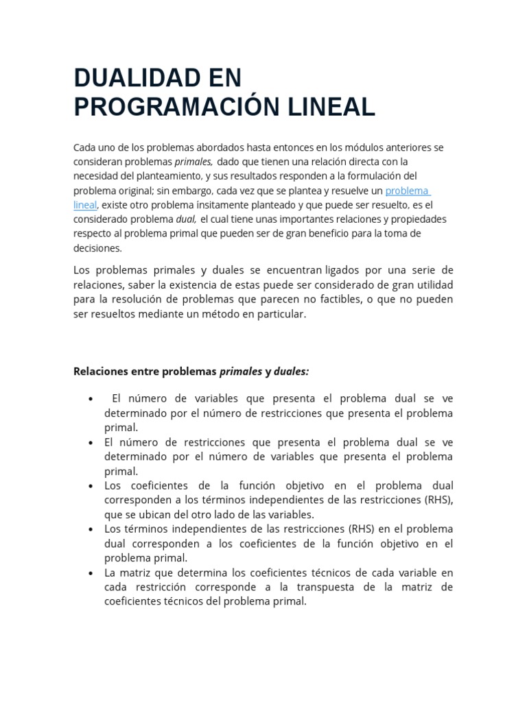 Dualidad en Programación Lineal | PDF | Programación lineal | Álgebra