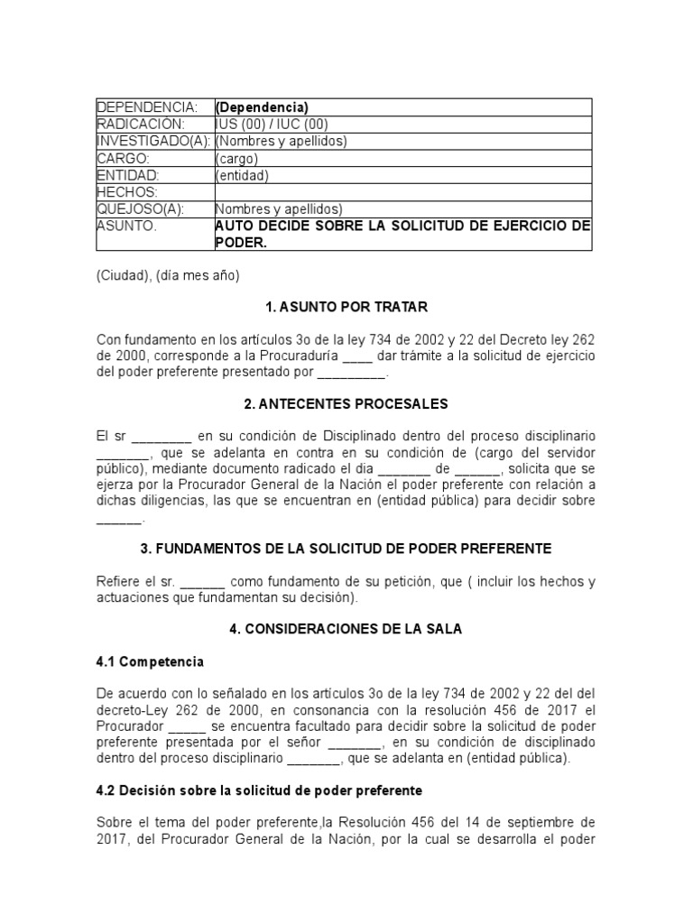 Formato Auto Que Decide Sobre La Solicitud de Poder Preferente | PDF | Gobierno | Justicia