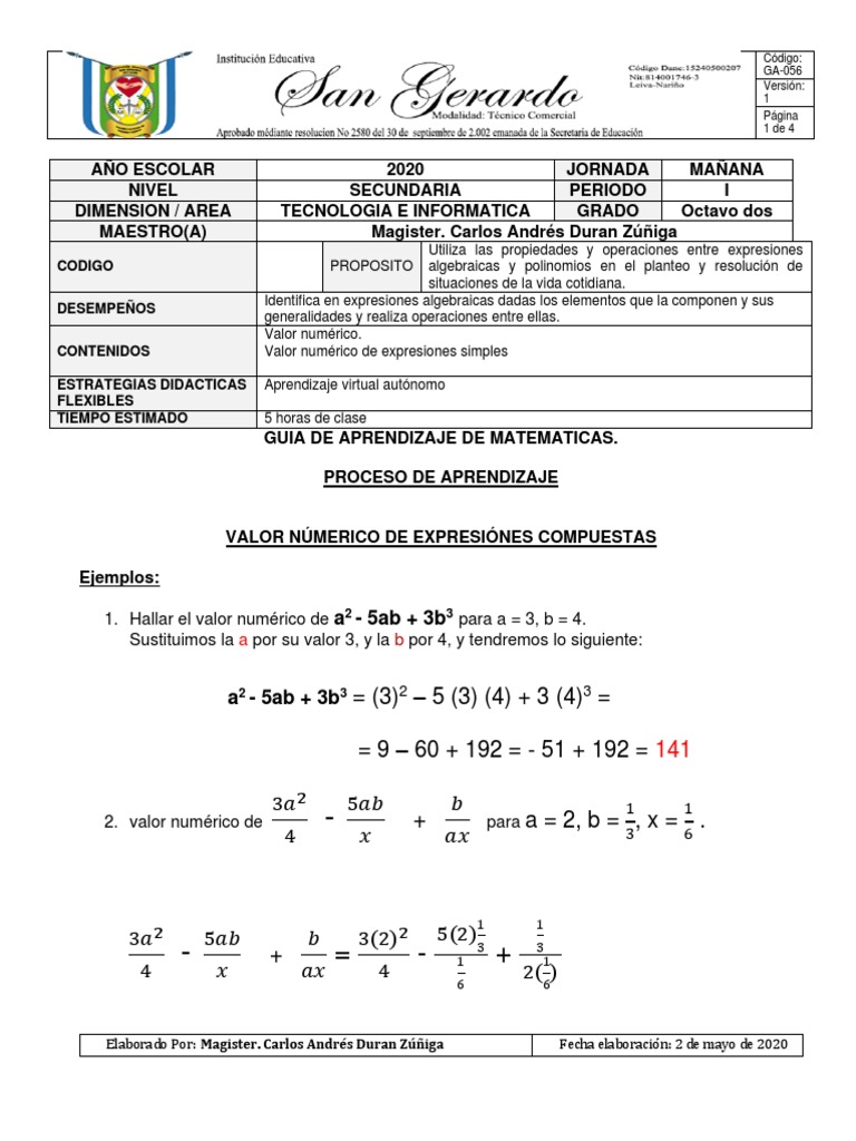Guia de Aprendizaje de Matematicas Grado Octavo Dos 3a | PDF ...