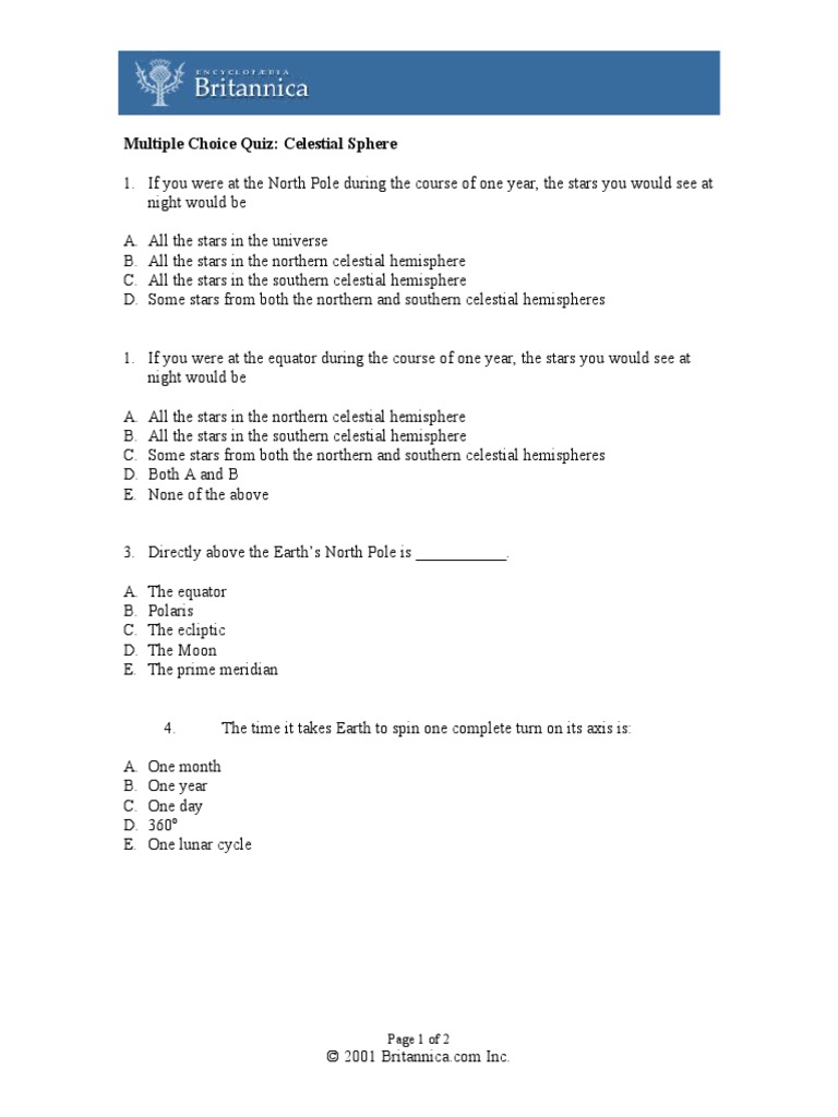Multiple Choice Quiz: Celestial Sphere: Page 1 of 2 | PDF | Equator ...