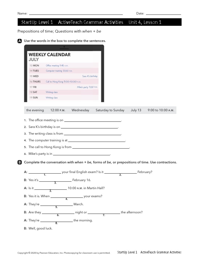 Startup Level 1 Activeteach Grammar Activities Unit 4, Lesson 1 | PDF ...