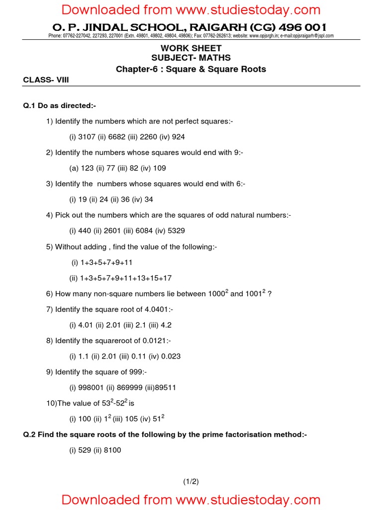 Squares and Square Roots Assignment 13 | Download Free PDF | Mathematical Concepts ...