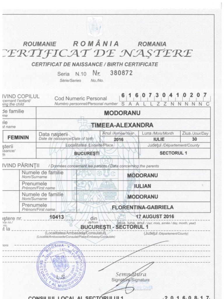 Certificat Nastere Modoranu Timeea Alexandra | PDF