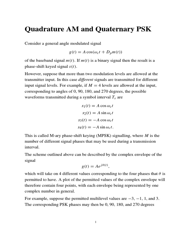 Quadrature AM and Quaternary PSK: g (t) = A cos (ω t + D m (t) ) | PDF ...