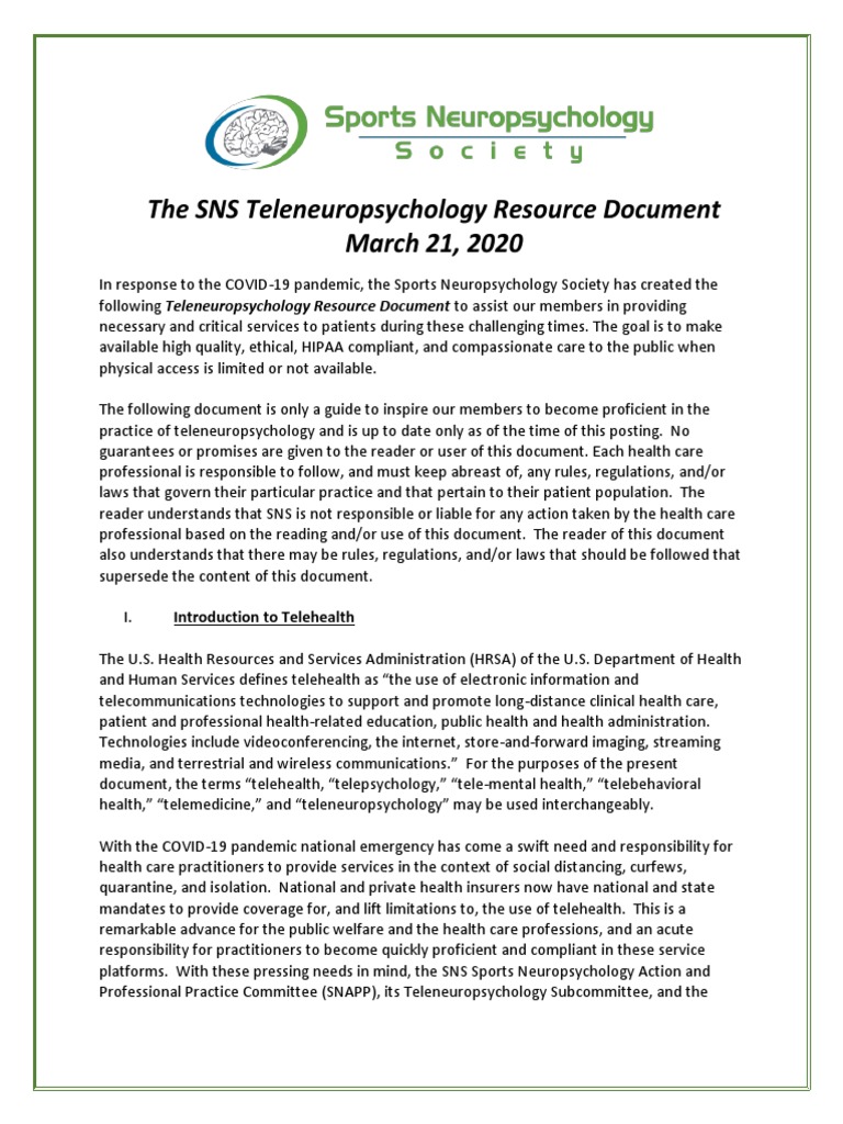 SNS - SNAPP - Teleneuro - DOC 3 21 2020 Final | PDF | Psychology | Business