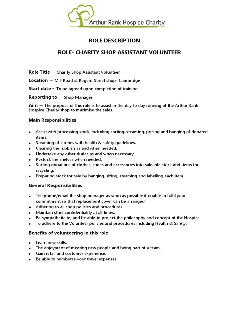 Charity Shop Assistant Volunteer - Role Description | PDF