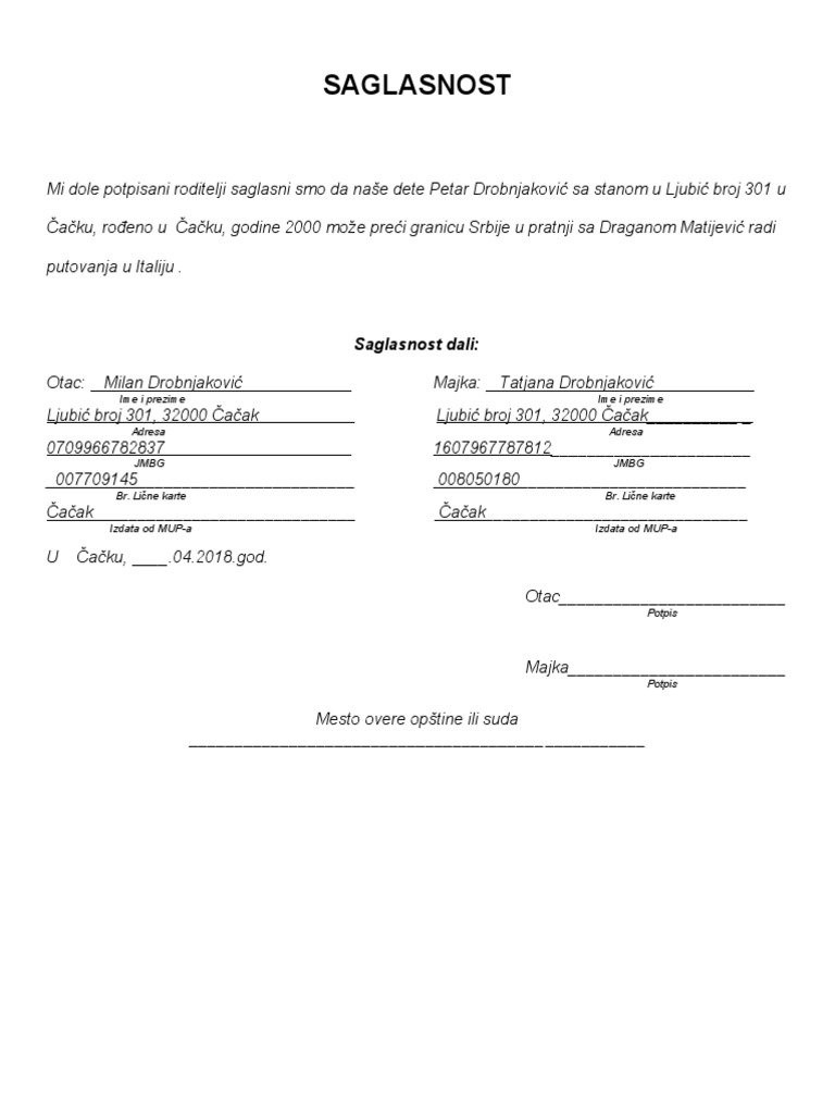 Obrazac Saglasnosti Roditelja | PDF