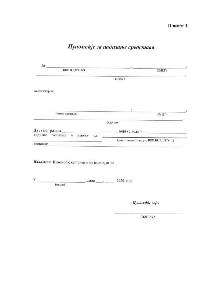 Obrazac Punomoćja Za Podizanje Penzije | PDF