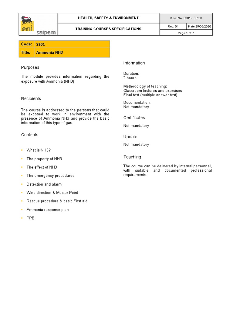 Purposes Information: Code: Title: Ammonia NH3 | PDF