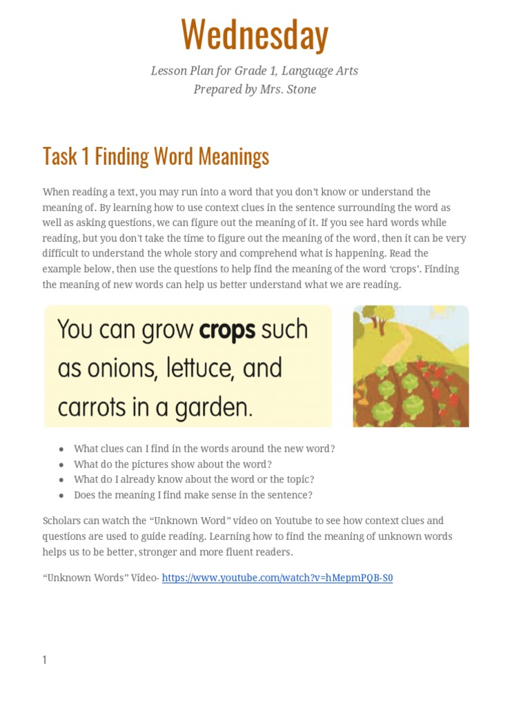 Task 1 Finding Word Meanings: Lesson Plan For Grade 1, Language Arts ...