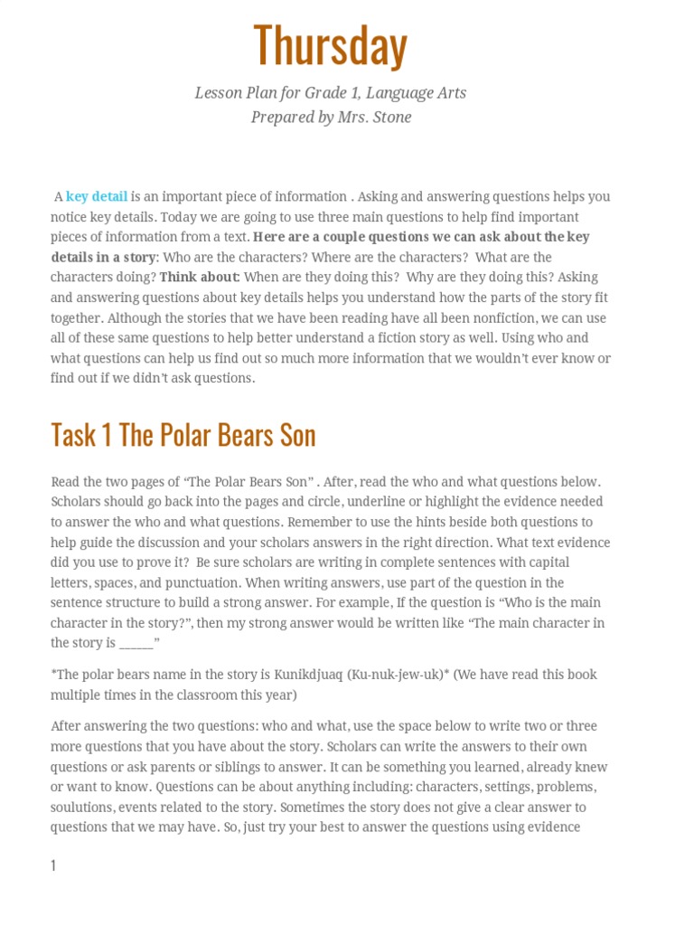 Task 1 The Polar Bears Son: Lesson Plan For Grade 1, Language Arts ...