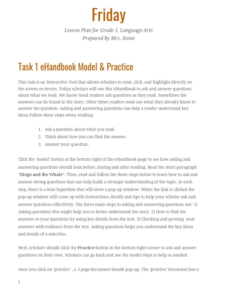 Task 1 Ehandbook Model & Practice: Lesson Plan For Grade 1, Language ...