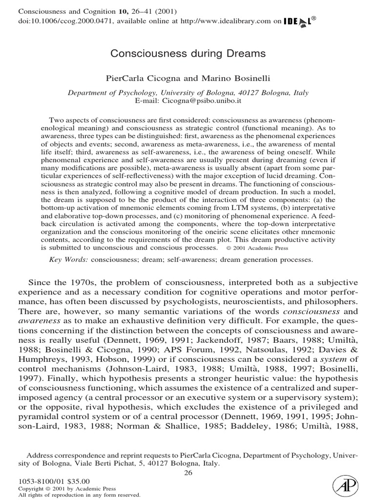 Consciousness During Dreams: Department of Psychology, University of ...