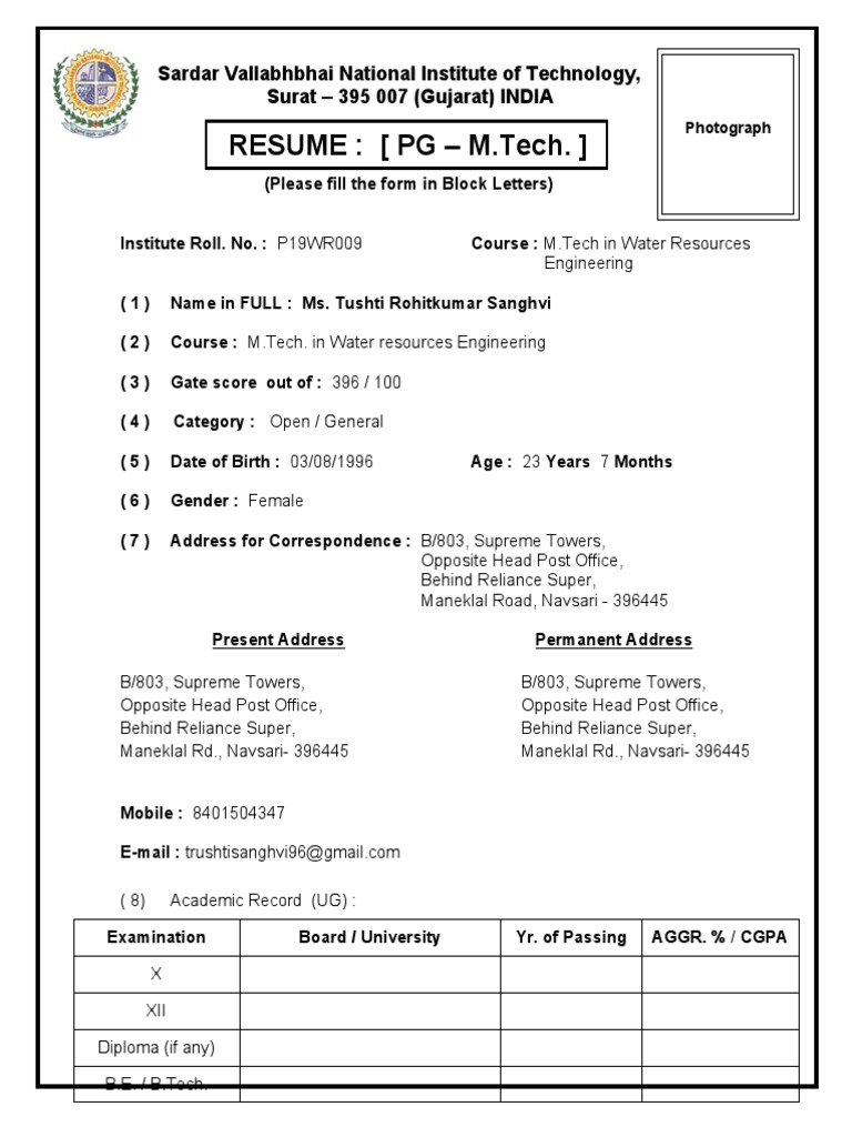 Format of PG (M.Tech.) Resume | PDF | Academic Degree | Career And ...