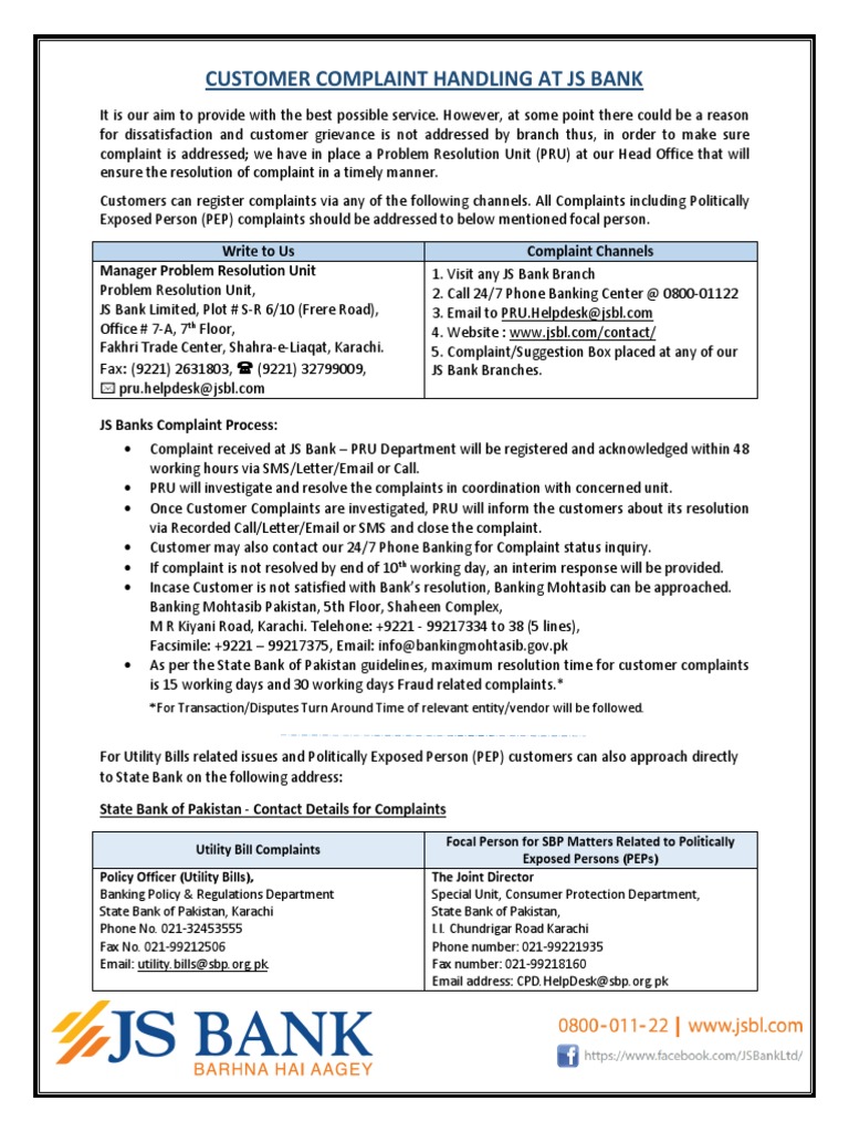 JS Bank Customer Complaint Process | PDF | Business | Government