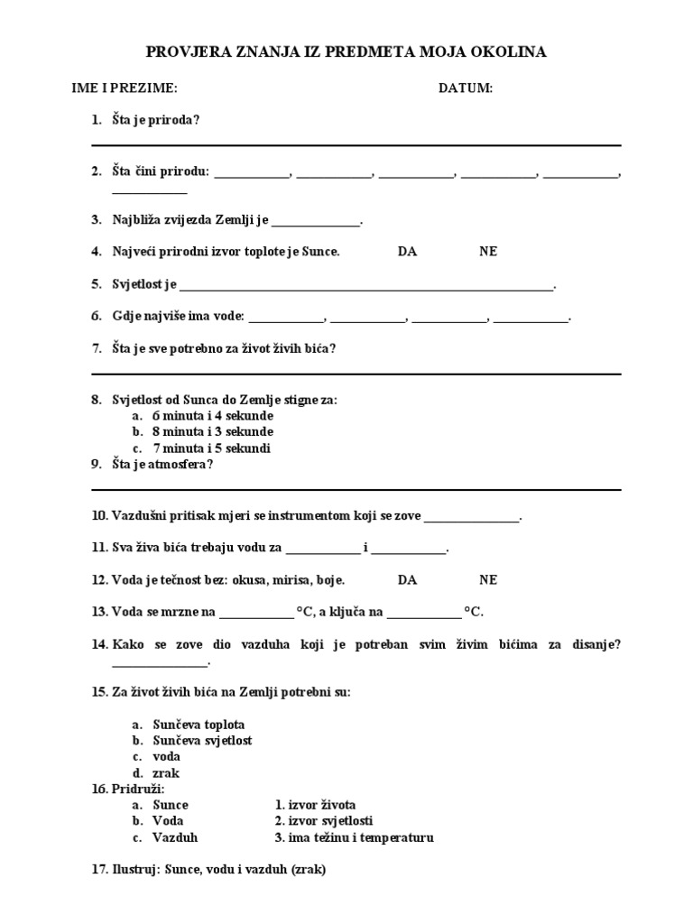 Provjera Znanja Iz Predmeta Moja Okolina I Pol | PDF