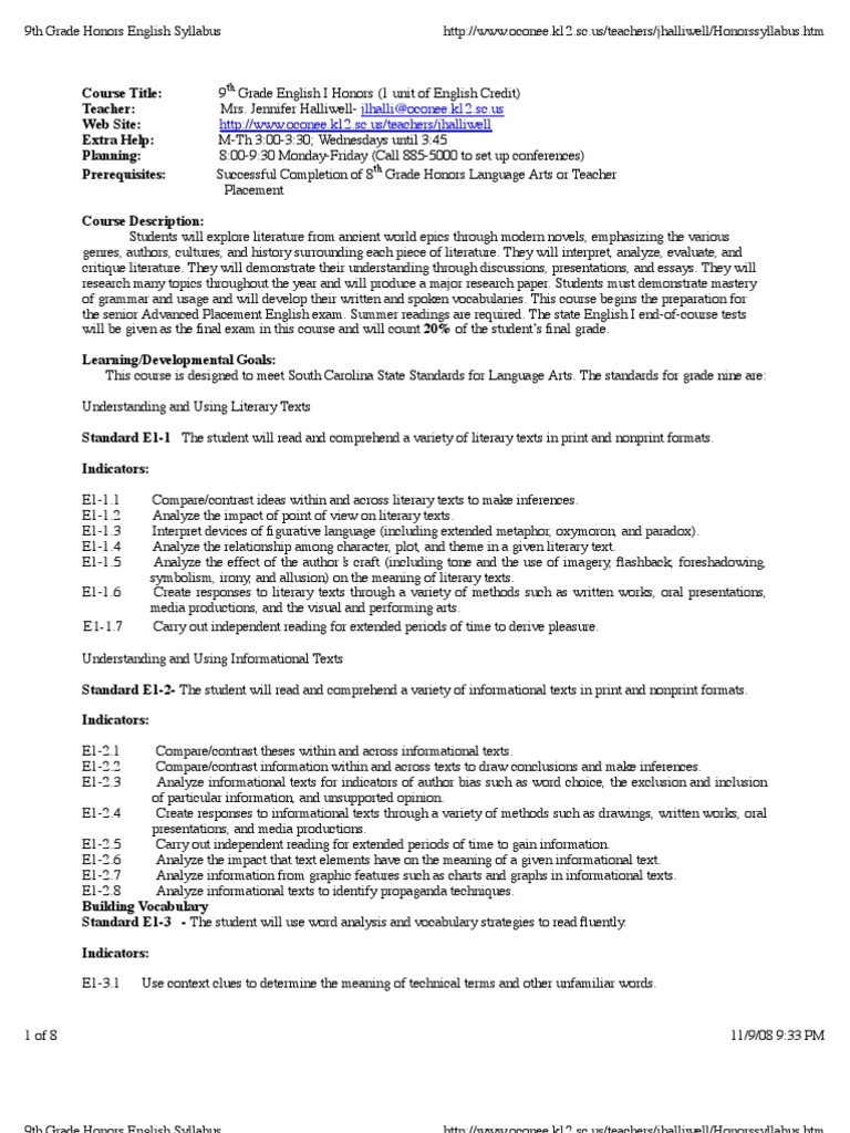 9th Grade Honors English Syllabus | PDF | Homework | Poetry
