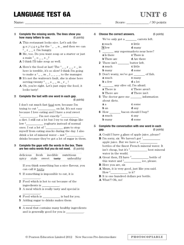 Language Test 6A: Unit 6 | PDF | Food And Drink | Eating Behaviors Of ...