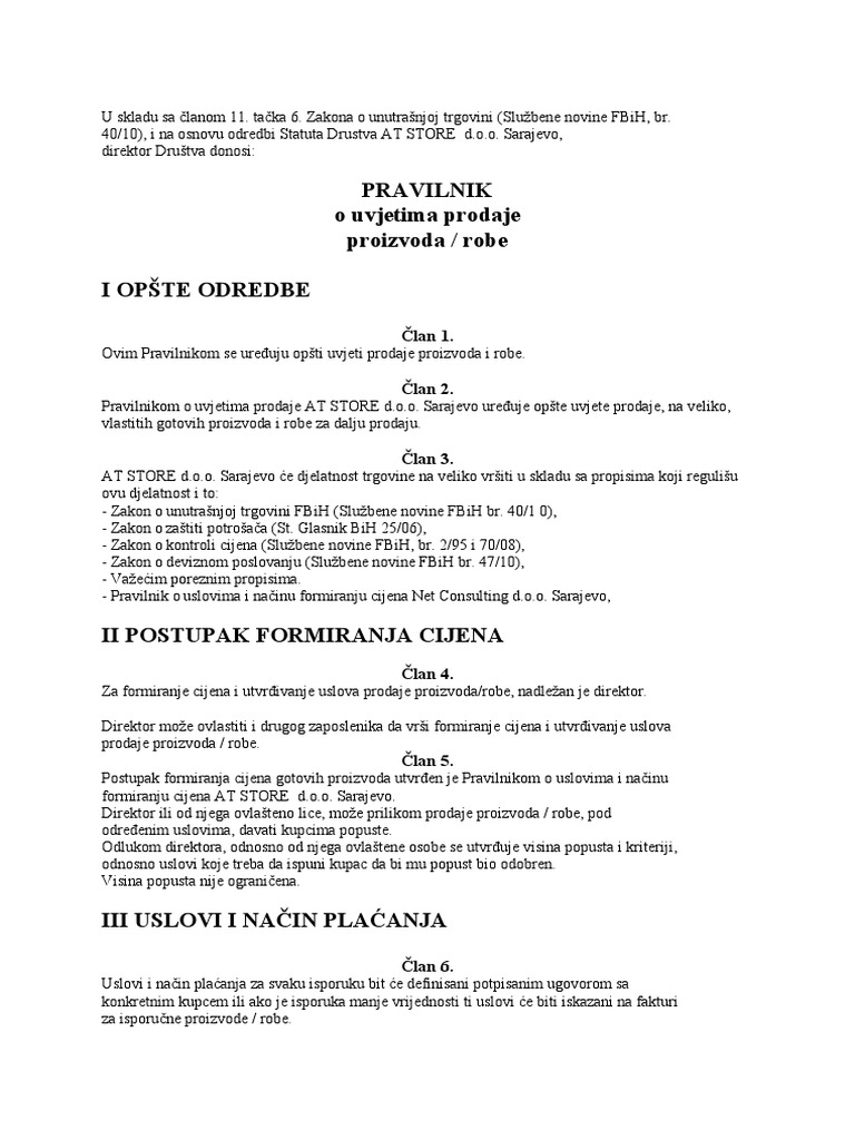 Pravilnik o Uvjetima Prodaje-Veleprodaja | PDF