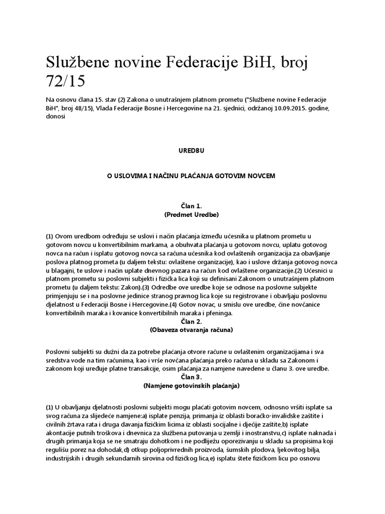 Uredba o Uslovima I Načunu Plaćanja Gotovim Novcem | PDF