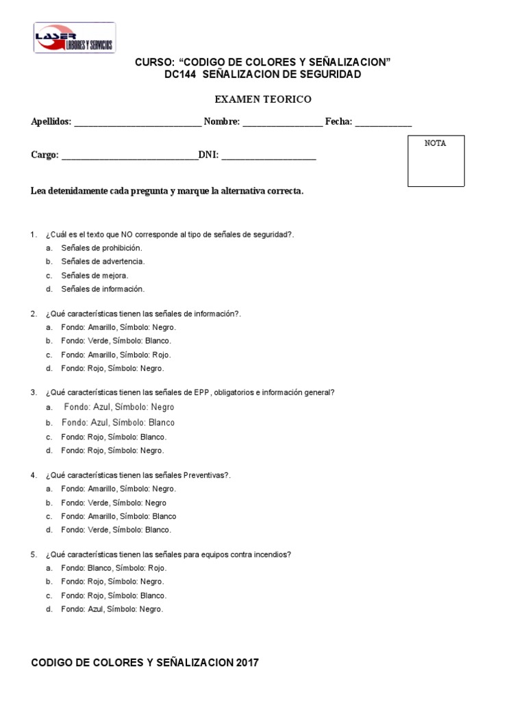 4° - Examen de Codigo de Colores y Señales | PDF | Rojo | Amarillo